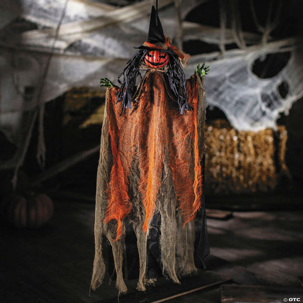 27 1/2" Hanging Orange Pumpkinhead Scarecrow with Hat Halloween Decora