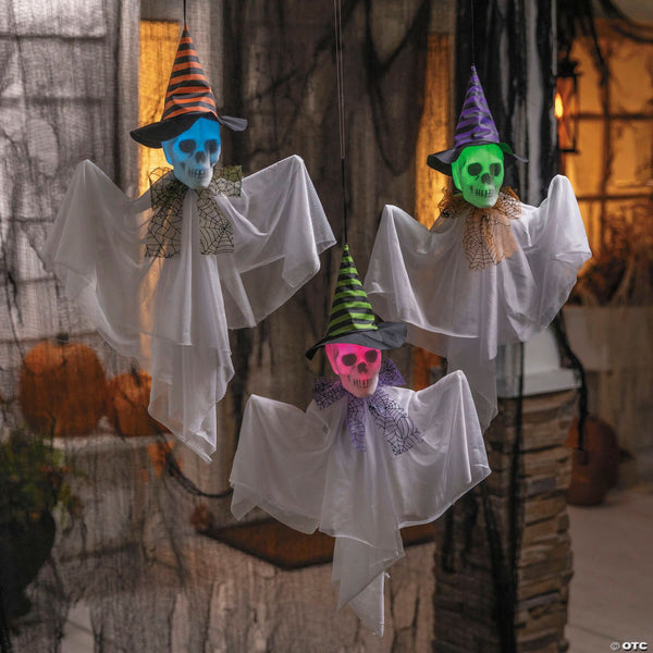 23 1/2" Hanging Light-Up Skeleton Face Ghosts with Witch Hats - Set of